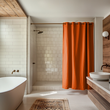 Orange Hookless Linen Shower Curtain With Grommets – No-Hook Eyelet ...