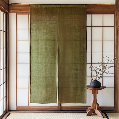 Moss Green Linen Noren Curtain - Japanese Curtains - Noren Drapes - Do