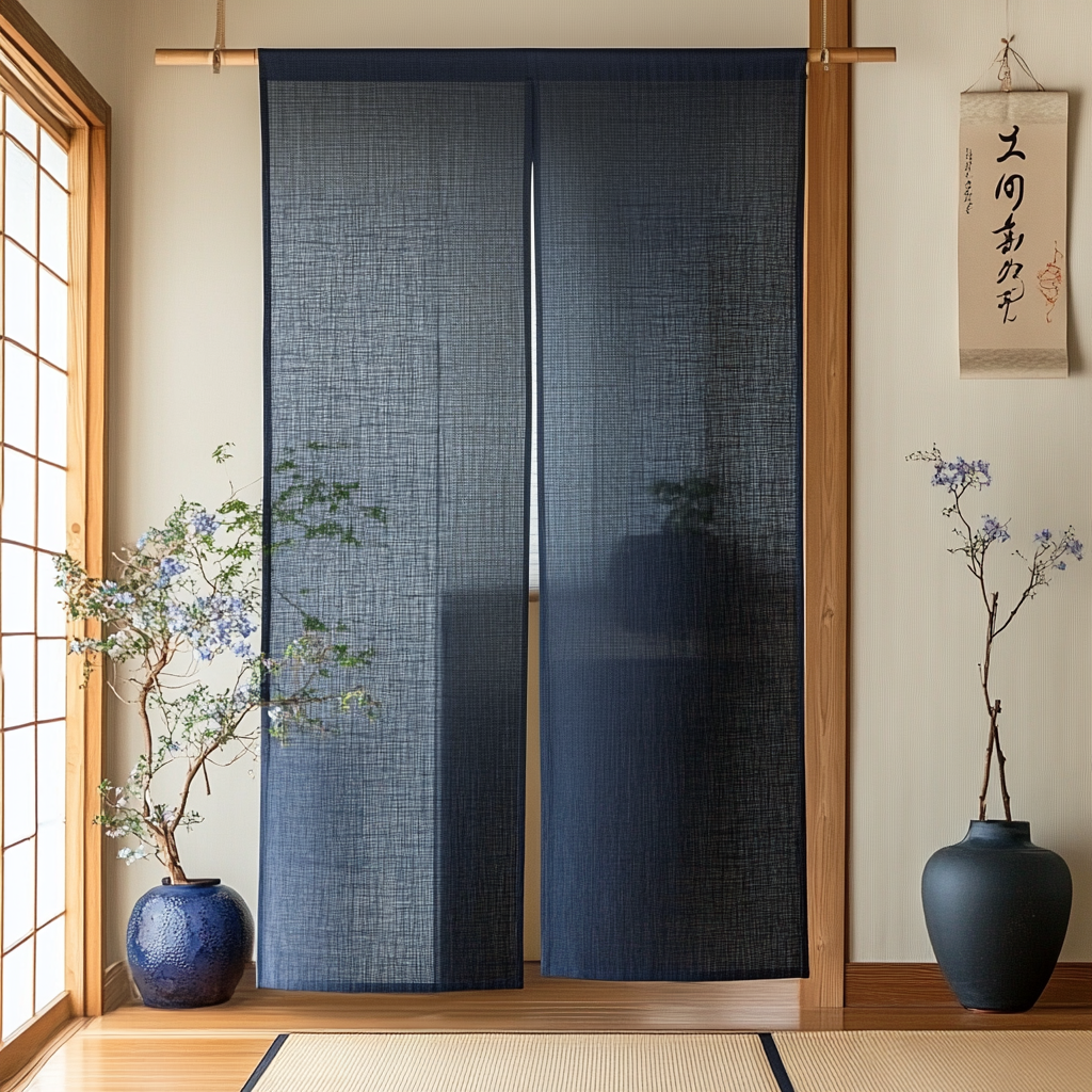 Peacock Blue Linen Noren Curtain - Japanese Curtains - Noren Drapes