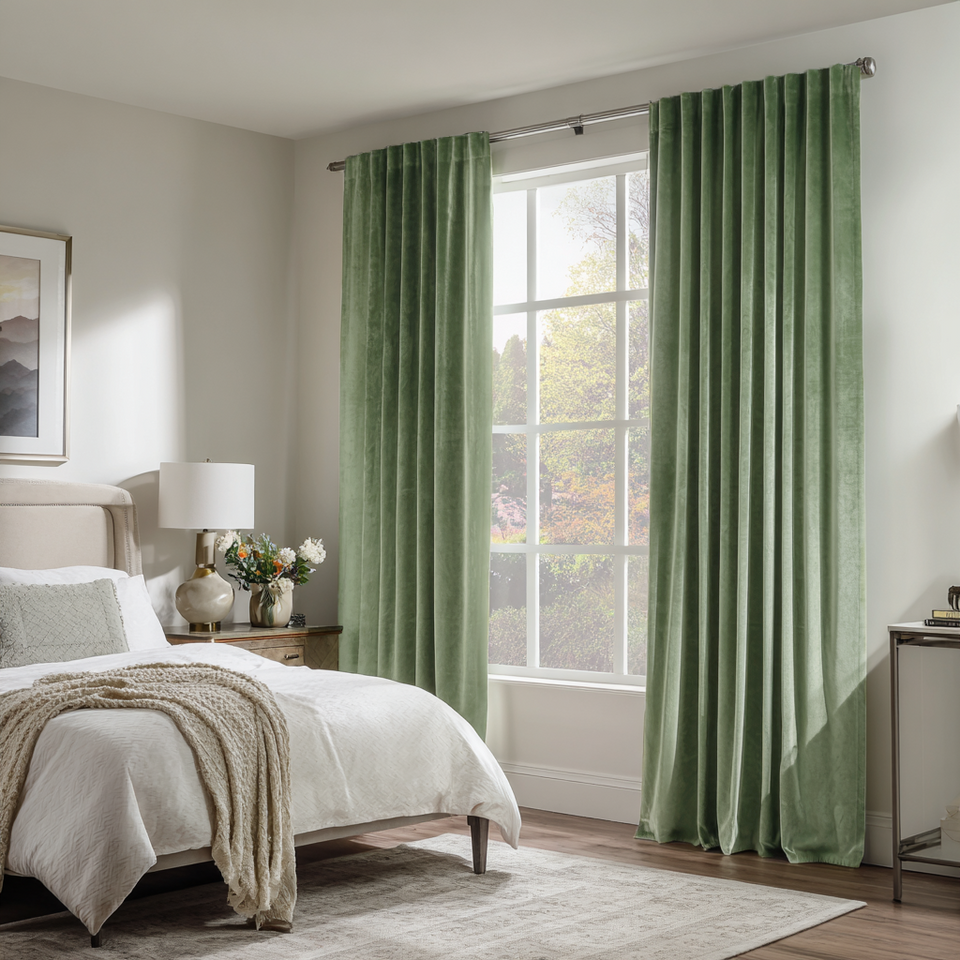 Heavy Sage Green Velvet Back Tab Curtains – Custom Sizes: 150, 213, 240 ...