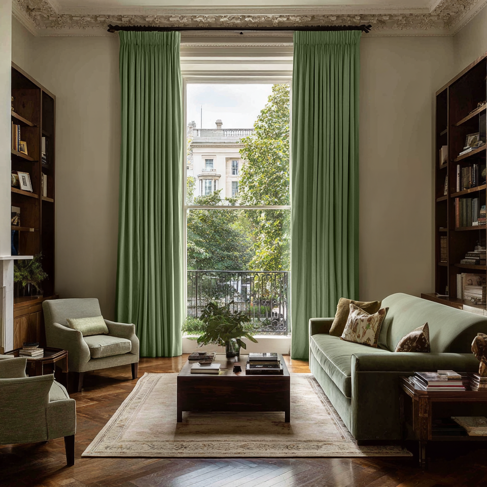 Long-Drop Sage Green Velvet Blackout Pencil Pleat Curtain Panel ...