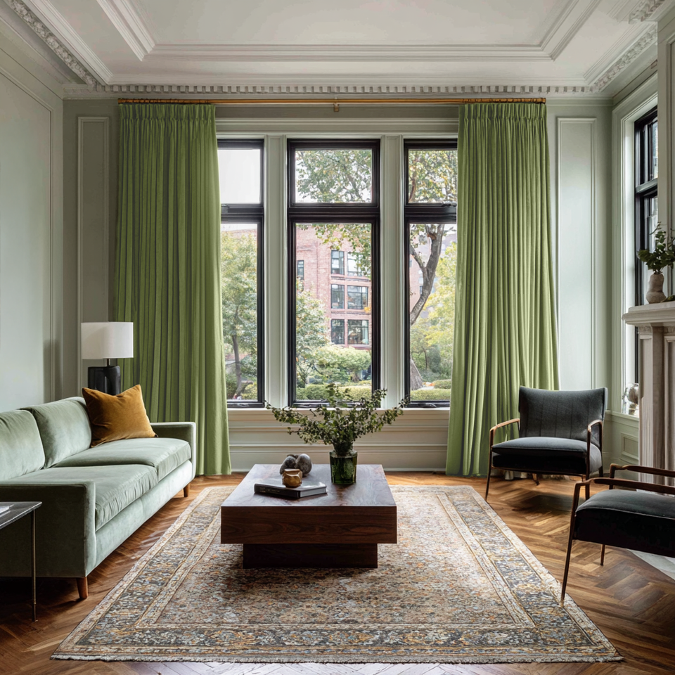 Floor-to-Ceiling Moss Green Velvet Blackout Pencil Pleat Curtain Panel ...