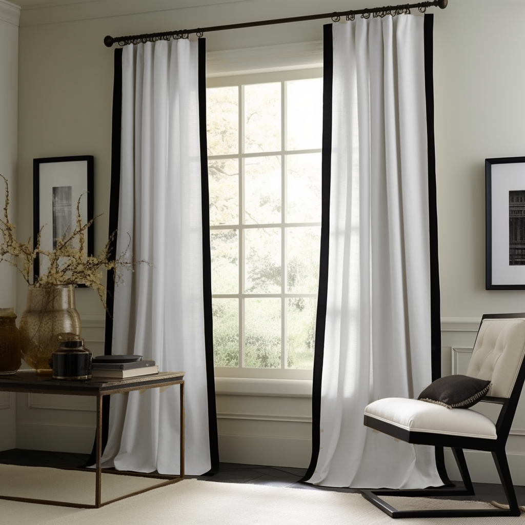 Black and White Frame Border S-Fold Linen Curtain Panel - Custom Width