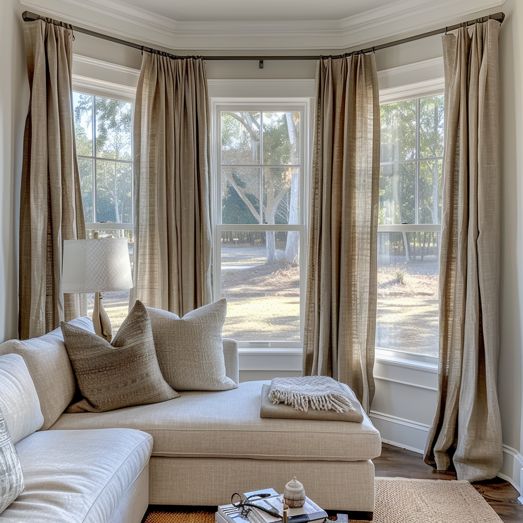 Euro Pleat Natural Linen Bay Window Curtains - Heading for Rings and ...