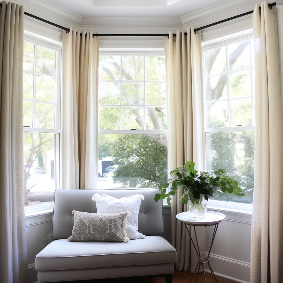 Eyelet Linen Bay Window Curtain - Custom Sizes: 90"x90", 66"x54", 90 ...